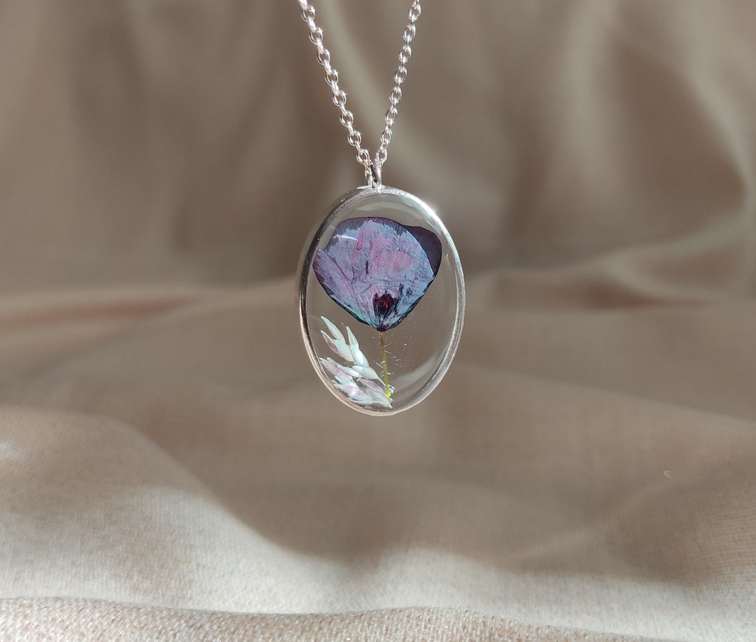 Pressed Poppy Flower Necklace, Dried Poppy Pendant, Floral Necklaces ...