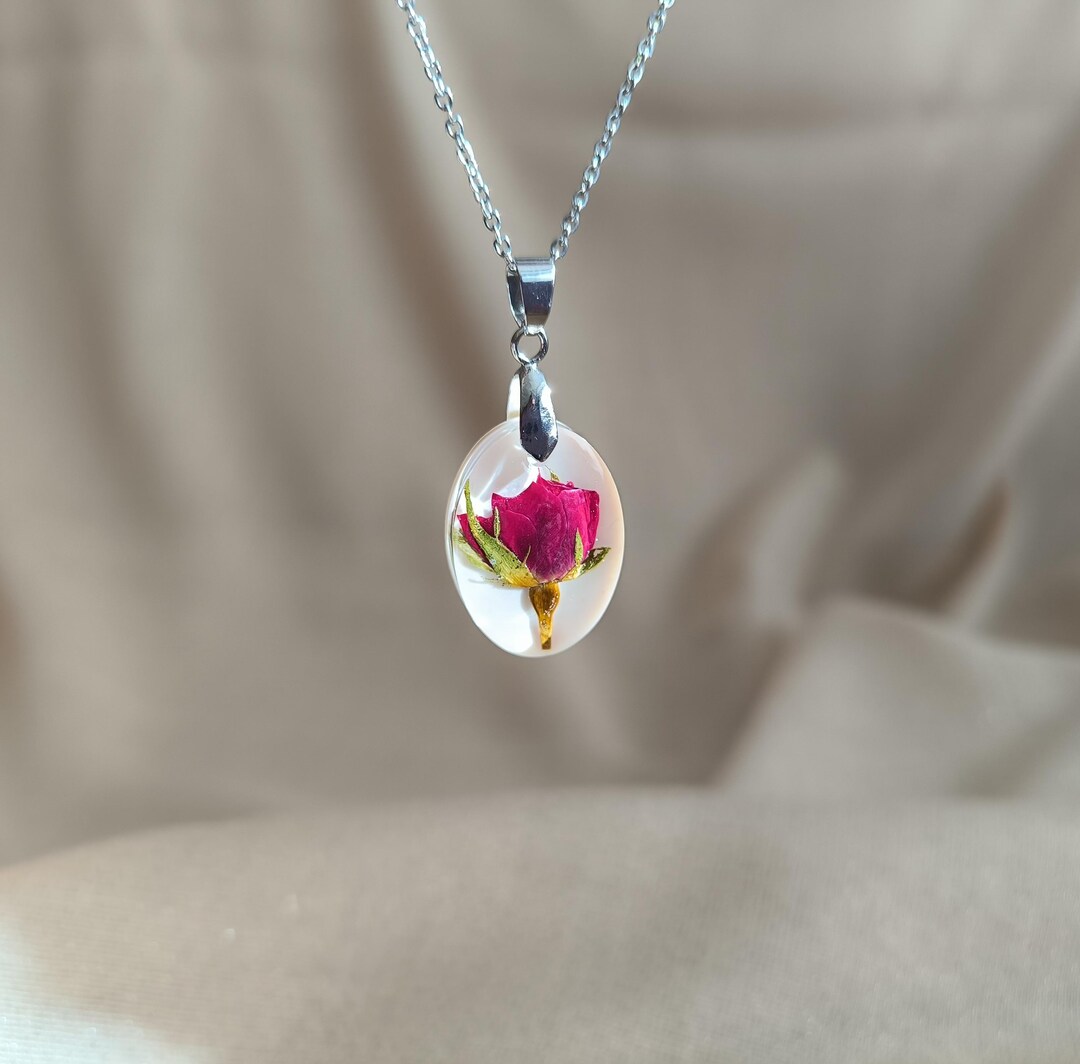 Pressed Real Red Rose Resin Necklace: Romantic Floral Pendant, Rose ...