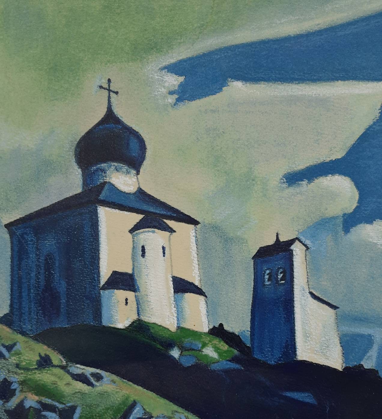 Drawing & Illustration Blue Sky Landscape Vintage pastel painting ...
