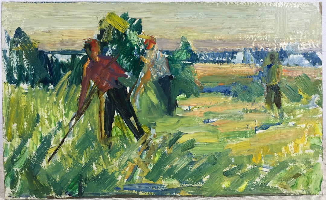 Green Landscape Harvest Countrymen Peasants, Soviet Art Ukrainian ...