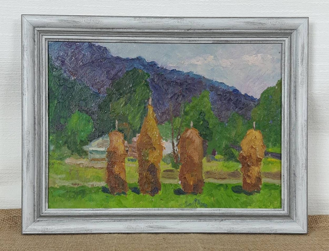Landscape Scenariy Haystack Scene With Mountain, Original Ukrainian Oil ...