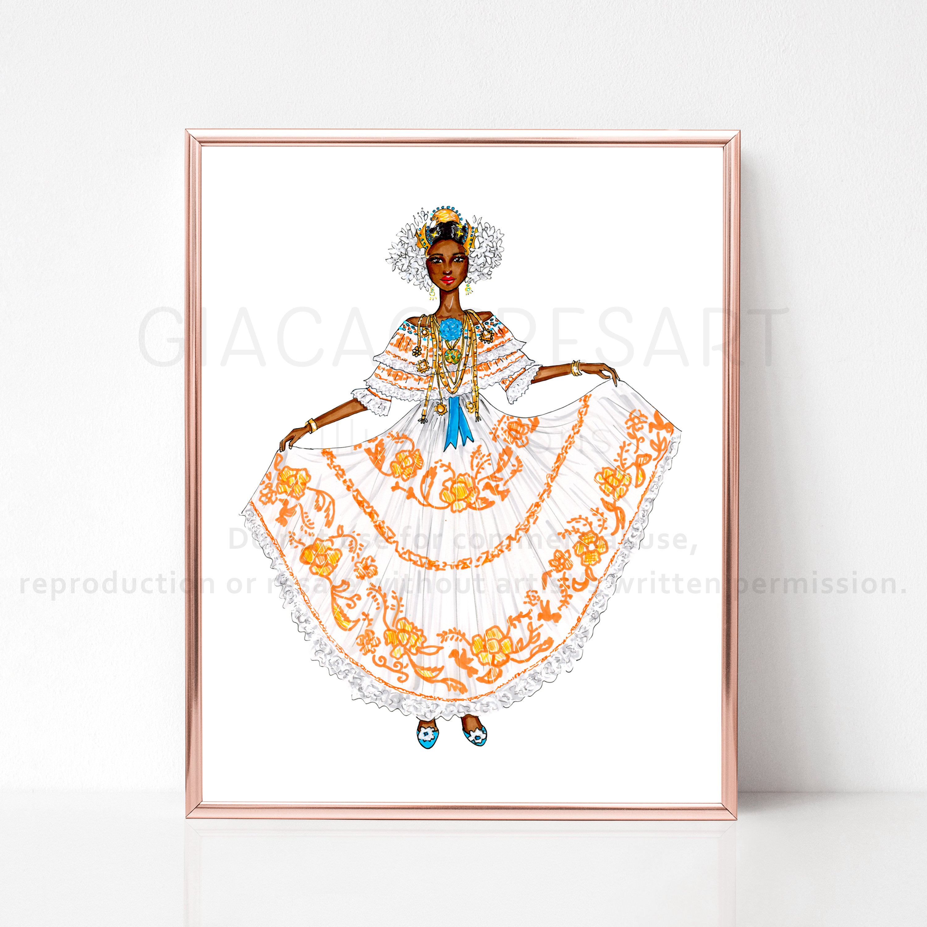 Panamanian Pollera in Orange Color Panama Poster Panamanian - Etsy