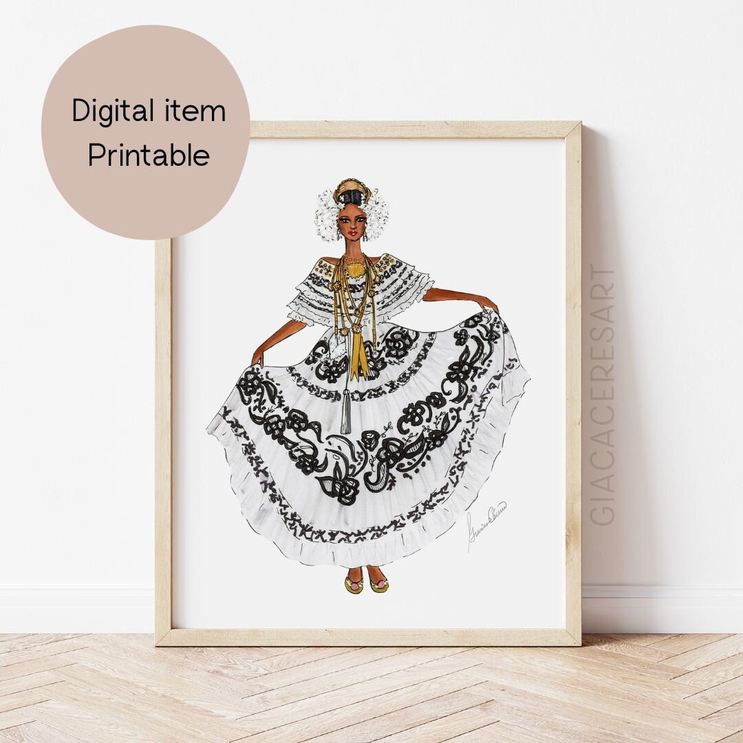 Black Pollera From Panama Digital Art Print | Pollera Panameña ...