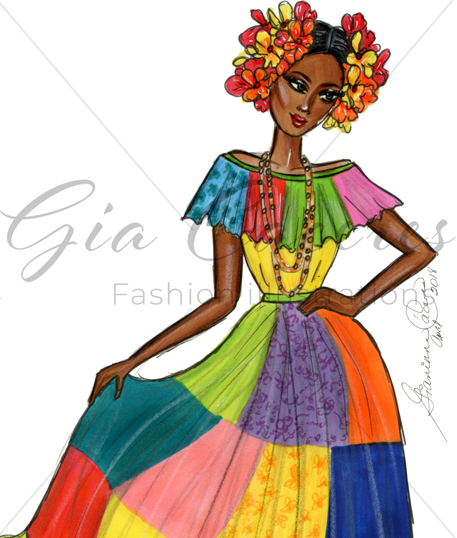 Printable Panamanian Pollera Congo Illustration fashion | Etsy