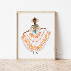 Panamanian Pollera in Orange Color, Panama Poster, Panamanian Woman ...