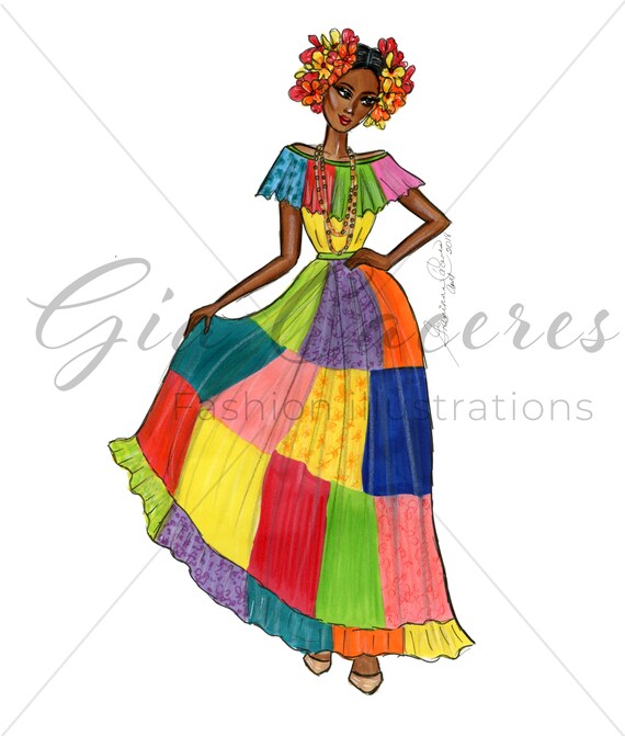 Printable Panamanian Pollera Congo Illustration fashion | Etsy