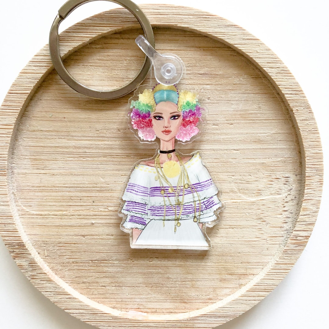Panama Pollera Keychain | Pollera Cintiada | Panamanian Woman Wearing ...