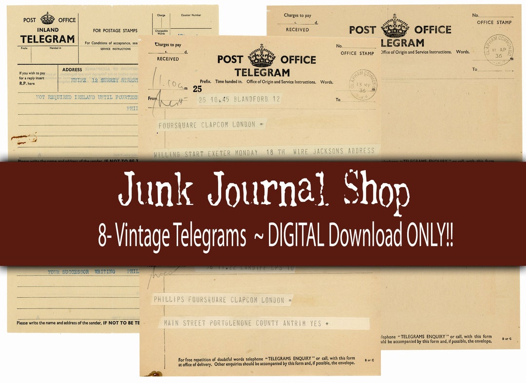 8 Vintage Telegrams, 4 Pages, 2 per Page, Digital Telegrams, Vintage ...