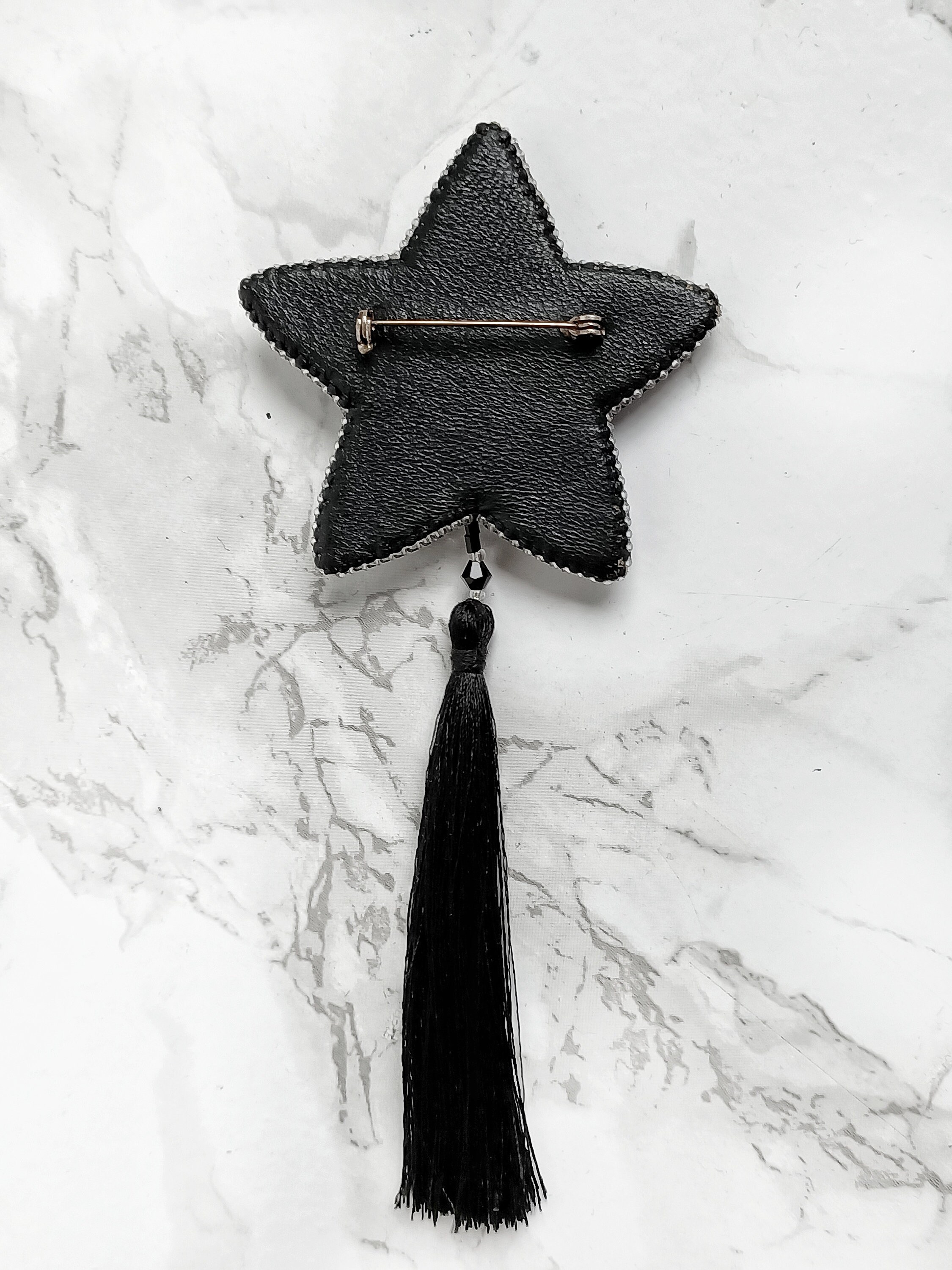 Beaded Celestial Brooch Silver Star Pin With Black Tassel - Etsy