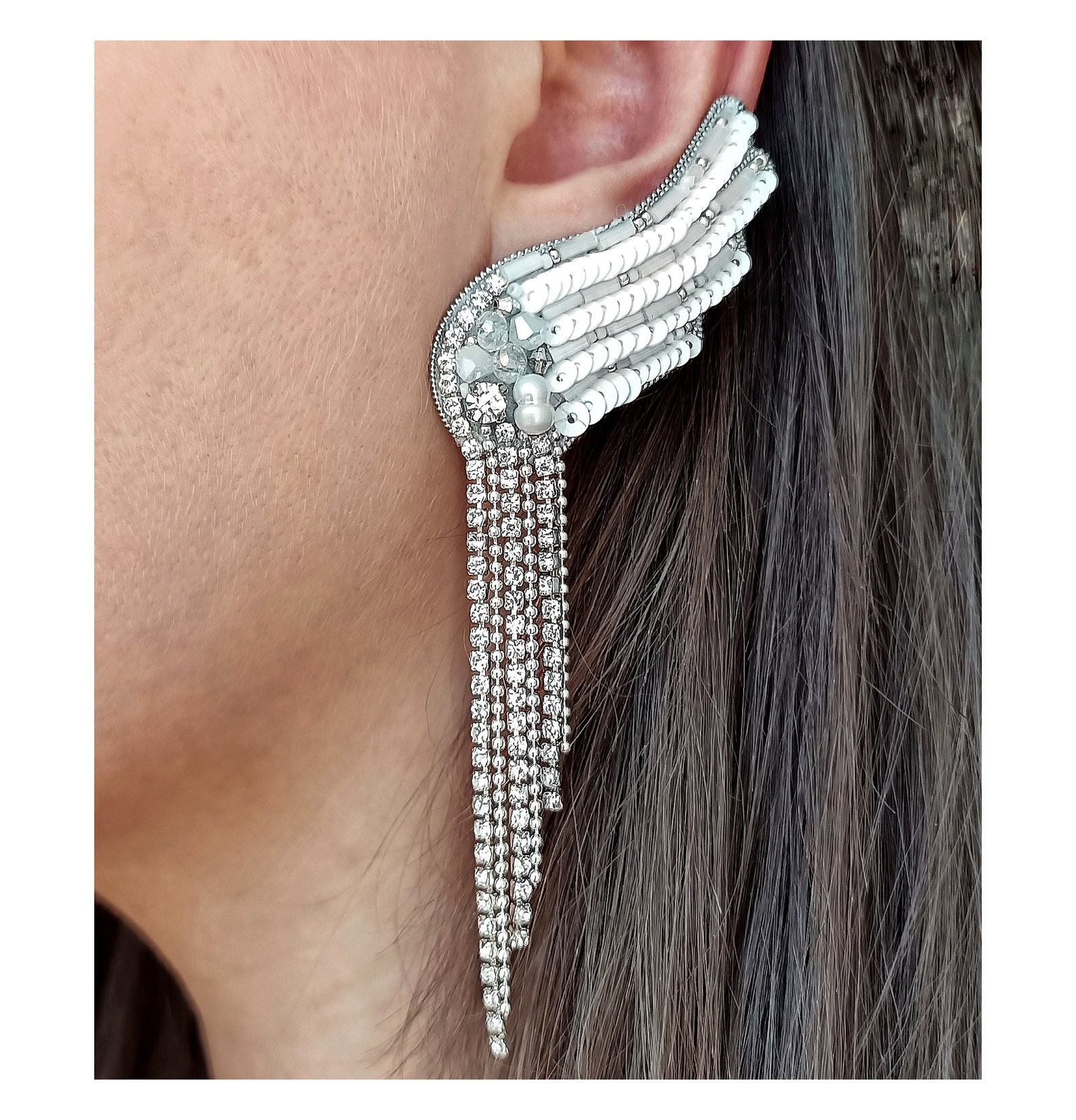 White Angel Wings Earrings Beaded Bridal Earrings Fairy - Etsy