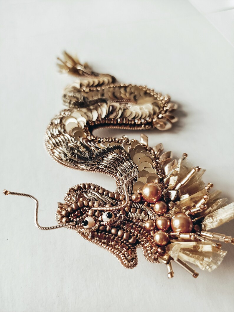 Beaded gold dragon pin Embroidered Chinese Dragon Brooch | Etsy