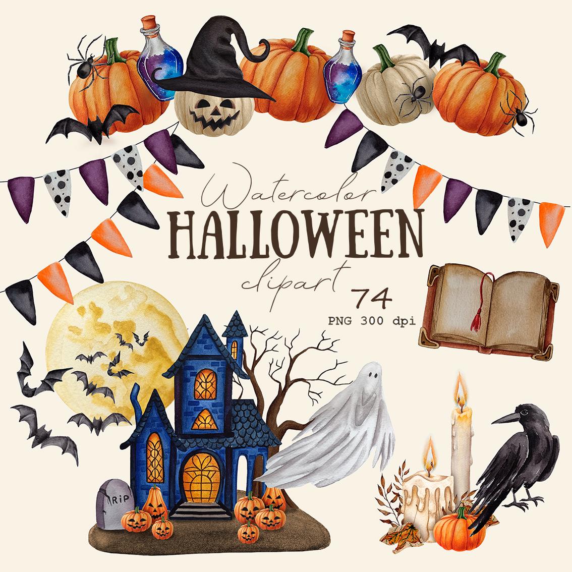 Watercolor Halloween Autumn Clipart Haunted Houses Pumpkin Cat Witch ...
