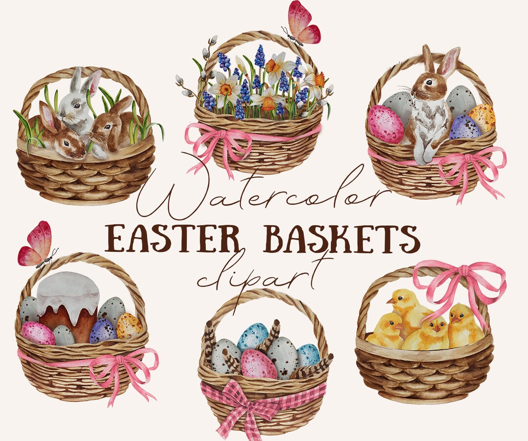6 PNG Watercolor Easter Baskets Clipart, Floral Egg Baskets, Easter ...