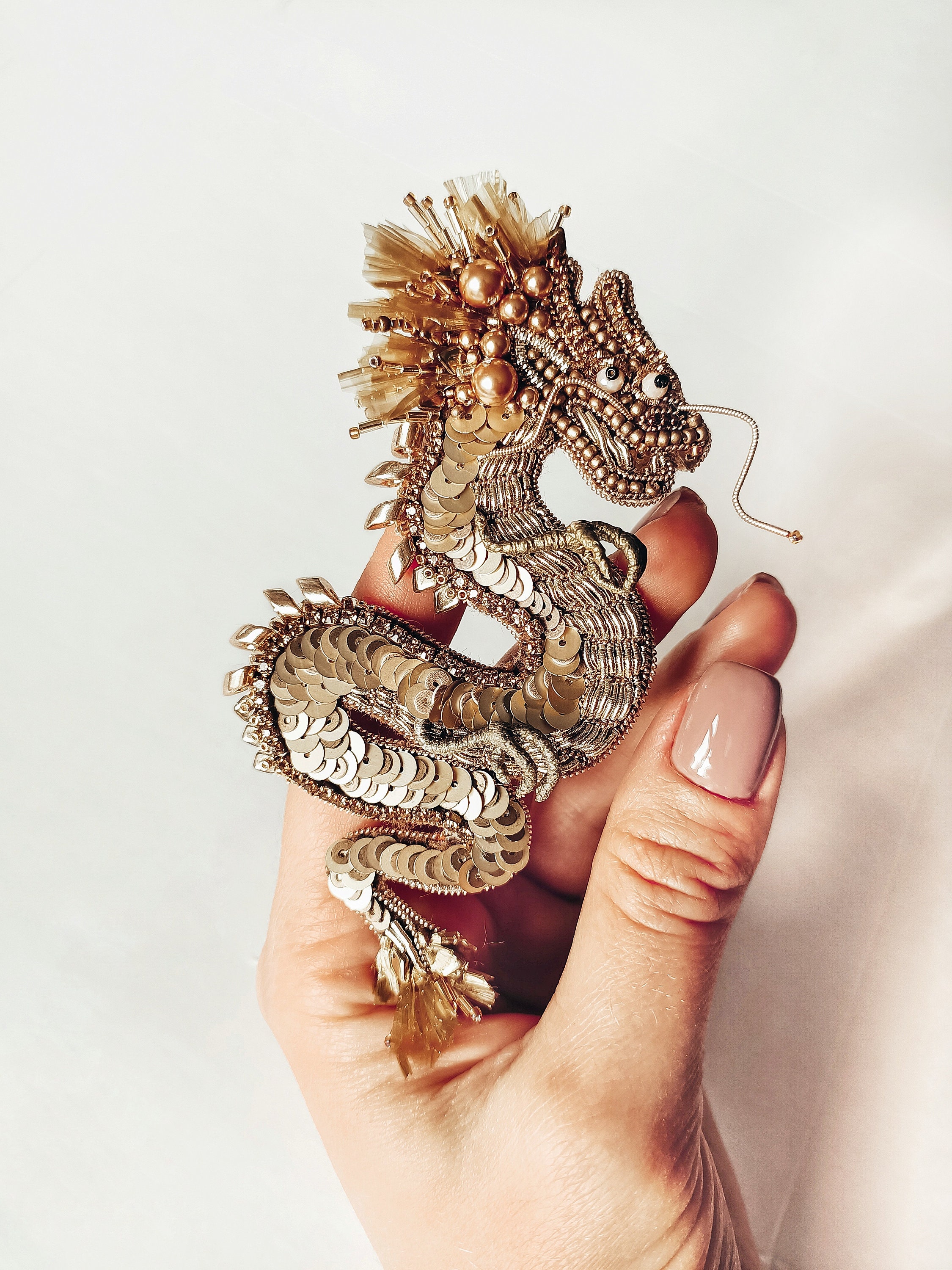 Beaded gold dragon pin Embroidered Chinese Dragon Brooch | Etsy