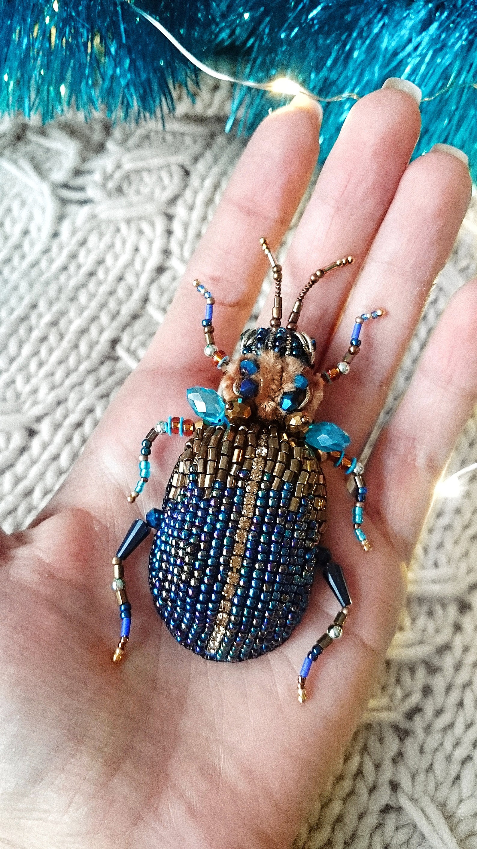 Beaded Embroidered Beetle Brooch, Blue and Gold Insect Pin, Korean Bug ...