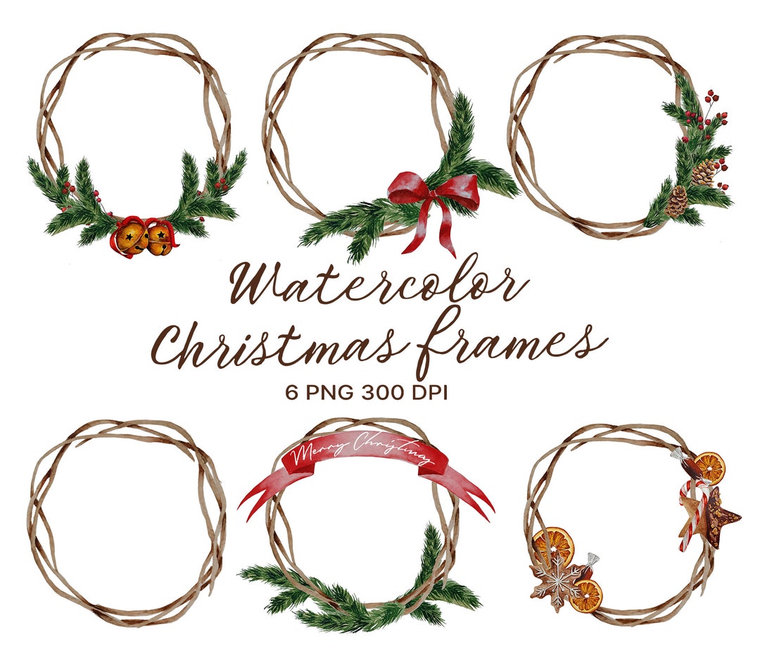 6 PNG Christmas Frame Clipart, Watercolor Holly Frame, Premade ...