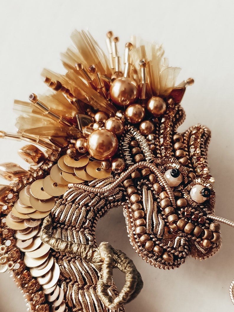 Beaded gold dragon pin Embroidered Chinese Dragon Brooch | Etsy