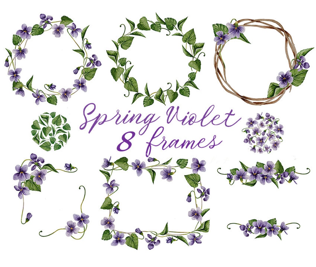 8 PNG Spring Frame Clipart, Watercolor Violet Flowers Wreath, Premade ...