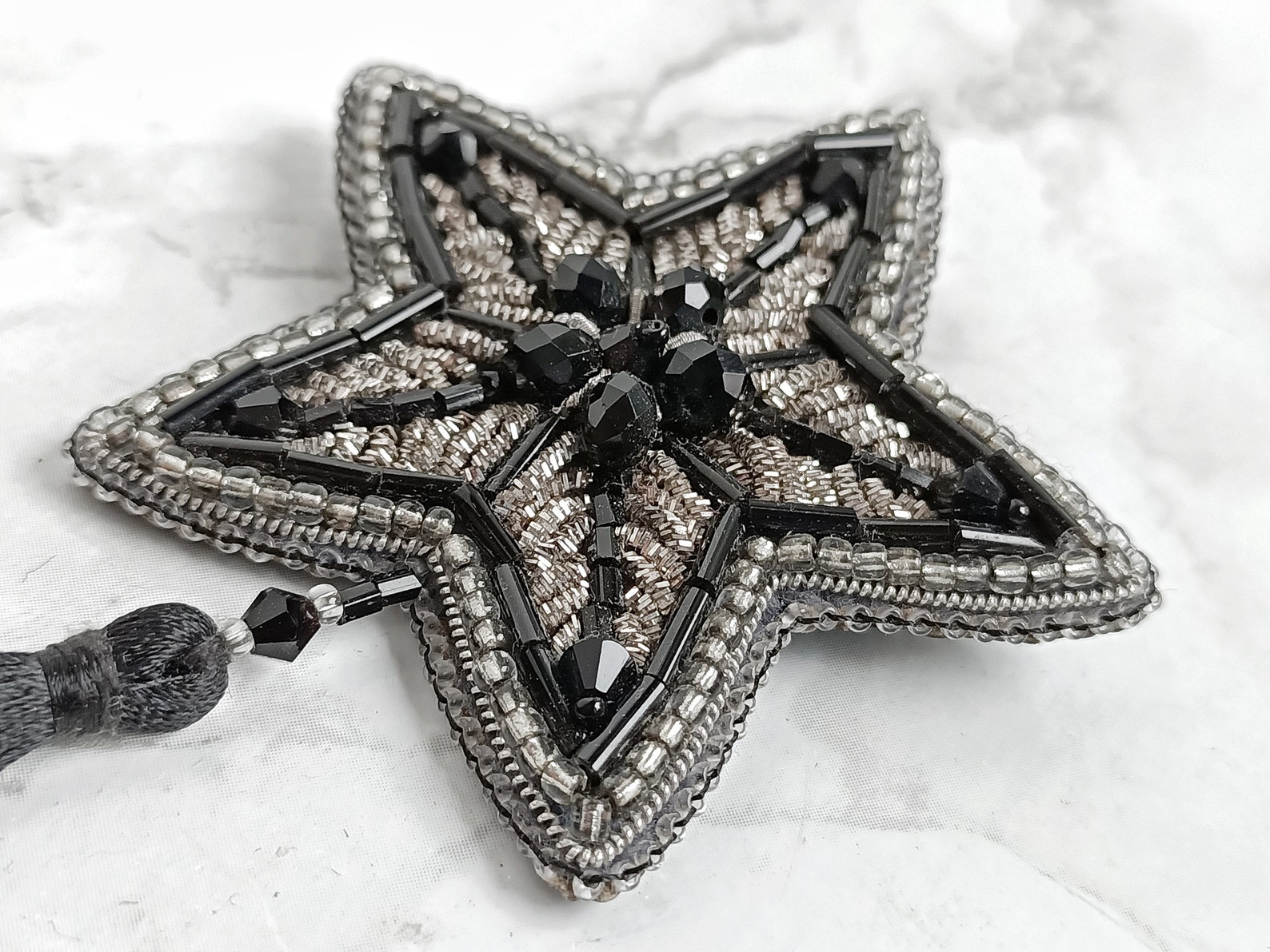 Beaded Celestial Brooch Silver Star Pin With Black Tassel - Etsy