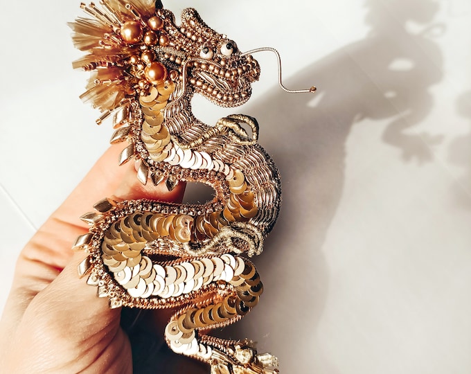 Beaded Gold Dragon Pin, Embroidered Chinese Dragon Brooch, Very Large ...