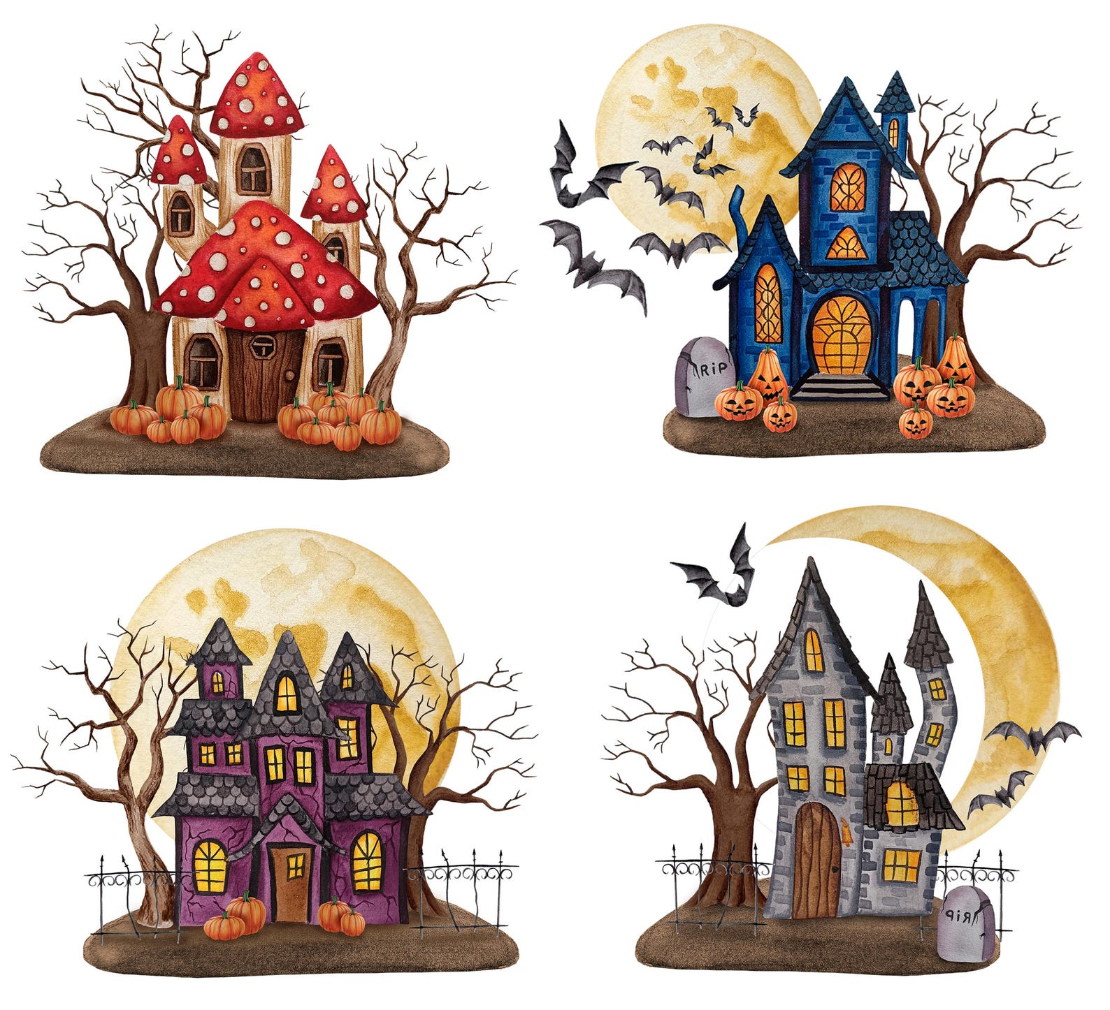 Watercolor Halloween Haunted Houses Clipart Autumn Old Creepy Spooky ...