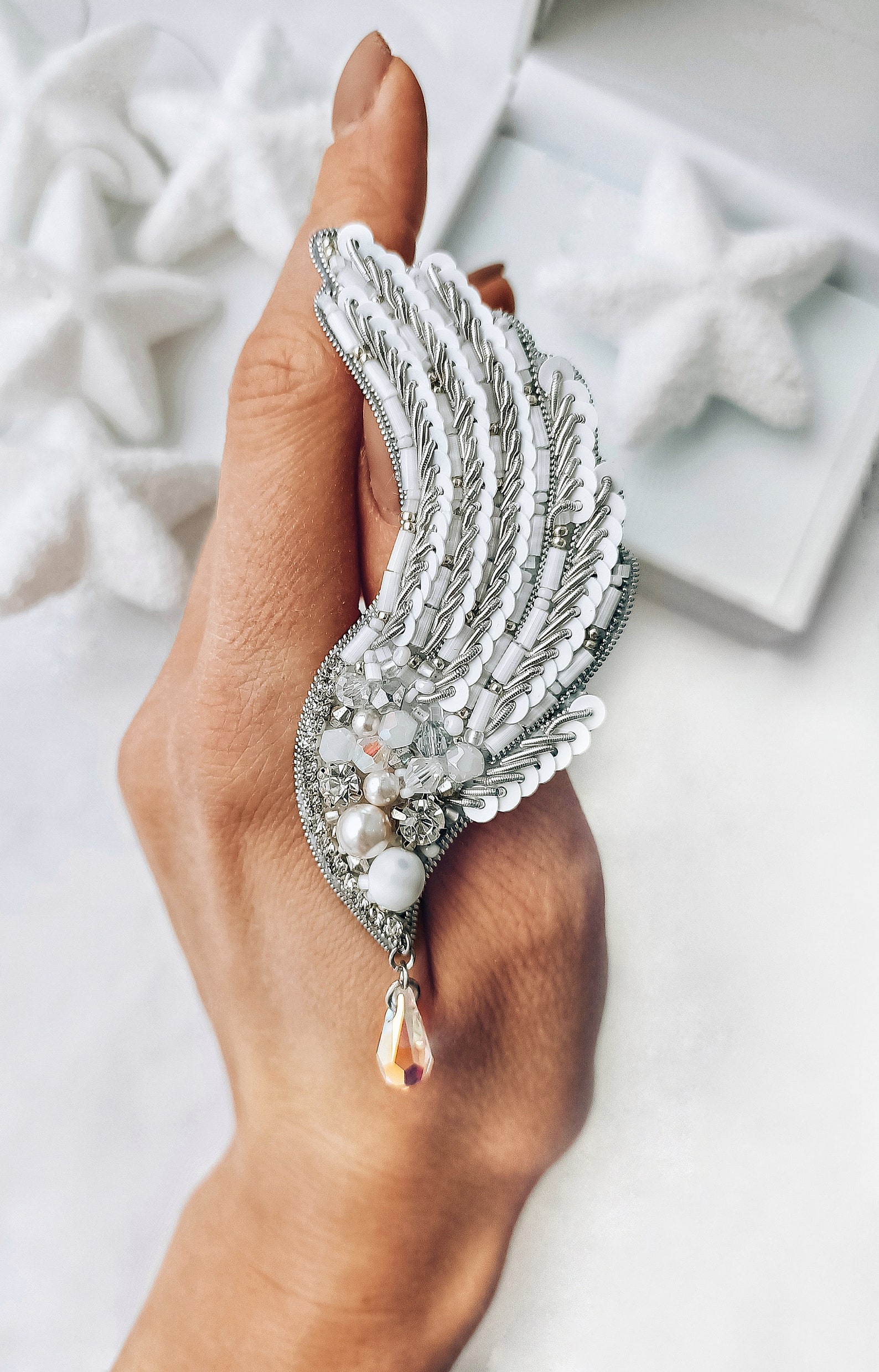 Beaded White Angel Wings Brooch Embroidered Cherub Wing - Etsy