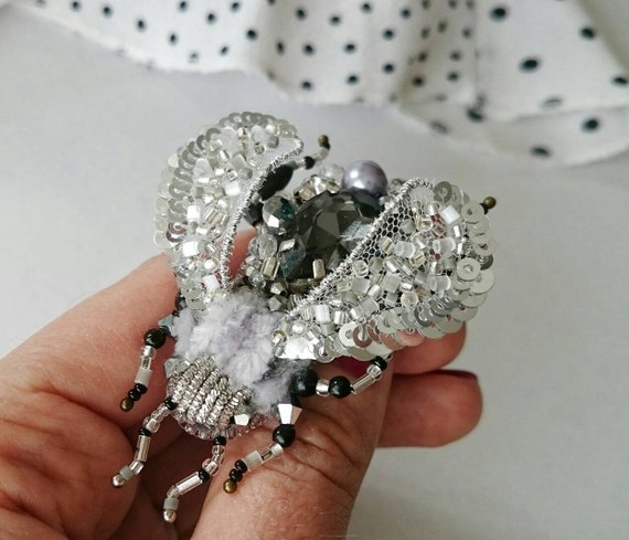 Silver Beaded Insect Brooch Pin 3d Beetle Pin Bug Shawl Pin | Etsy