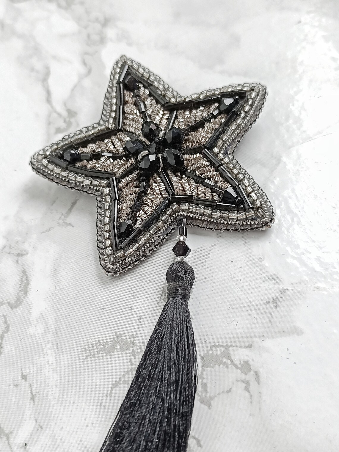 Beaded Celestial Brooch Silver Star Pin With Black Tassel - Etsy