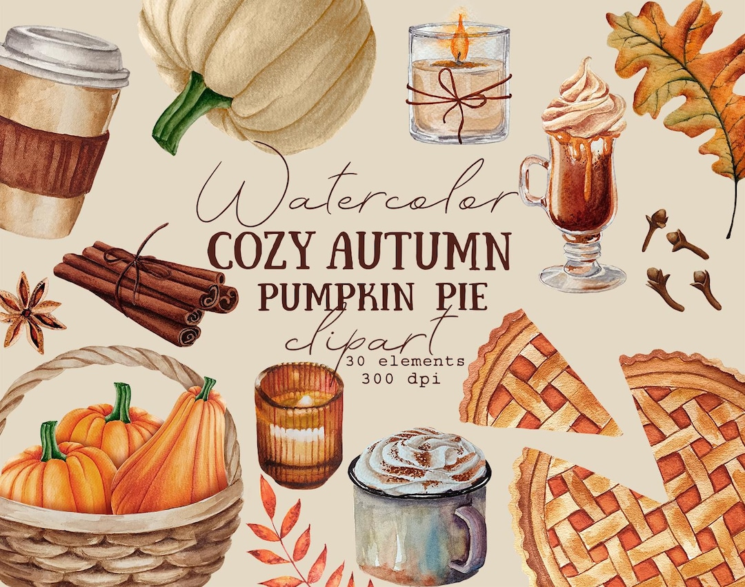 30 Watercolor Cozy Autumn Food Clipart Pumpkin Pie Halloween Fall ...