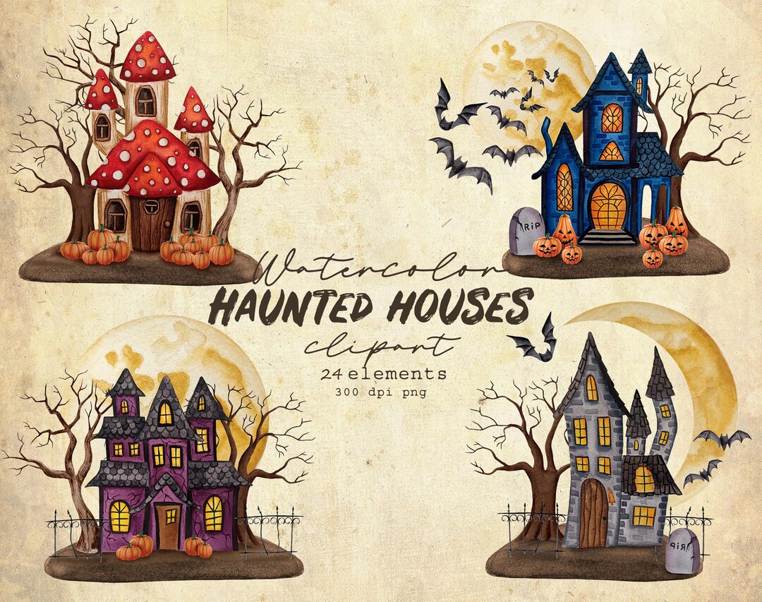 Watercolor Halloween Haunted Houses Clipart Autumn Old Creepy Spooky ...