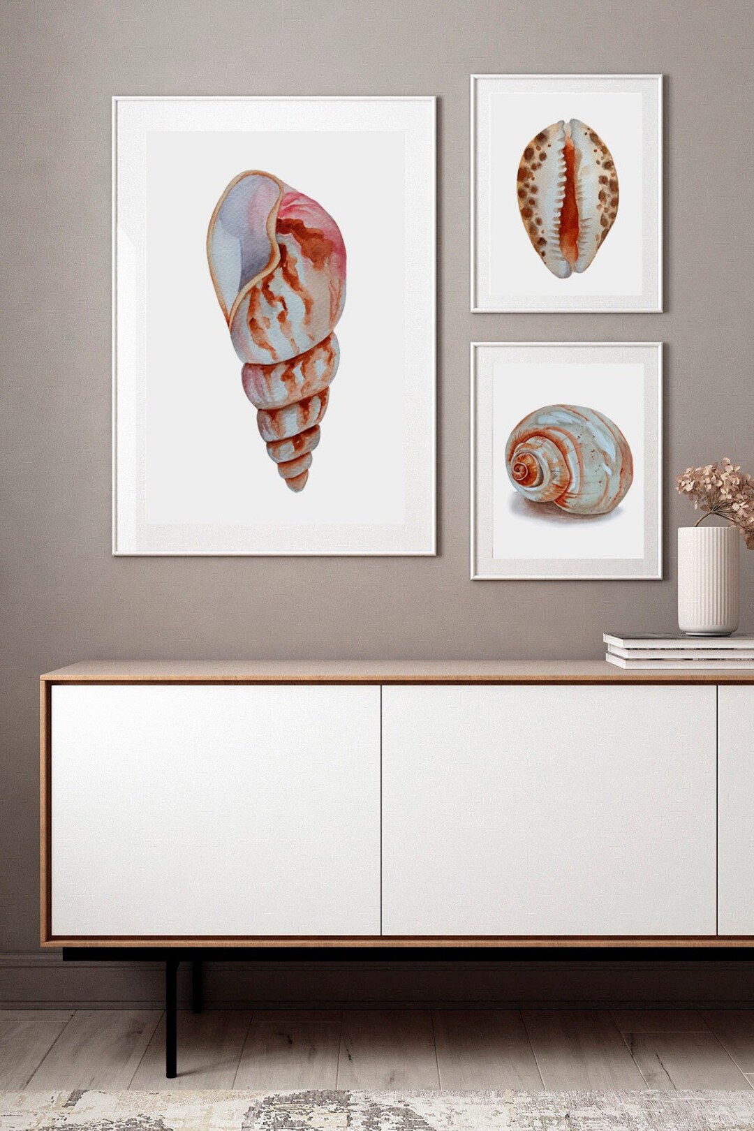 Sea Shells Art Print Set of 3, Watercolor Marine Bathroom Decor ...