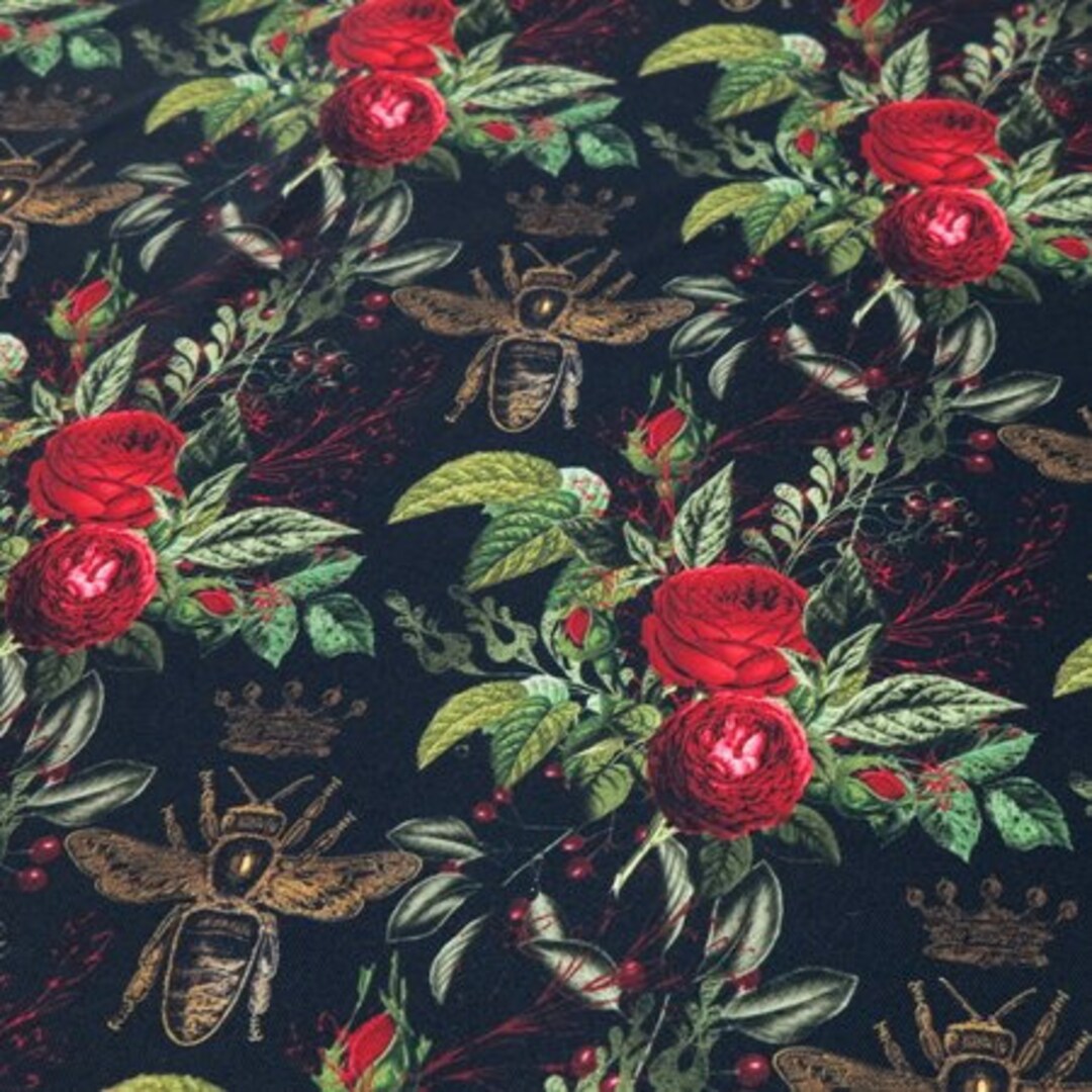 Waterproof Black Bees With Roses Fabric Oilcloth Outdoor Sell by Half ...