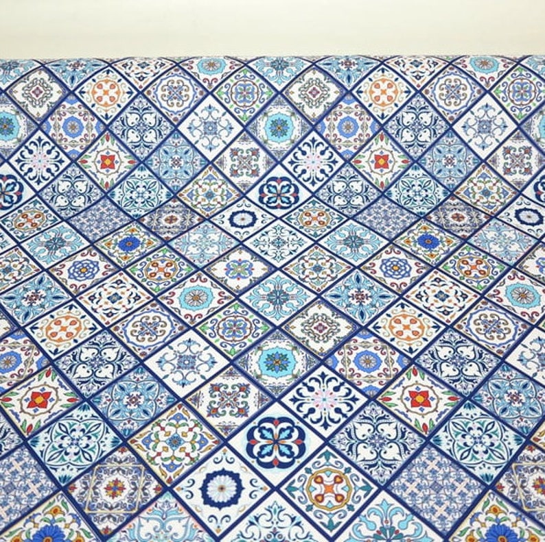 Waterproof Blue Portugal Tiles Ornaments Mosiac Printed Fabric | Etsy