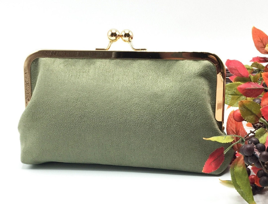 Olive Green Vegan Suede Kiss Lock Clutch : Wedding, Evening Clasp Purse ...