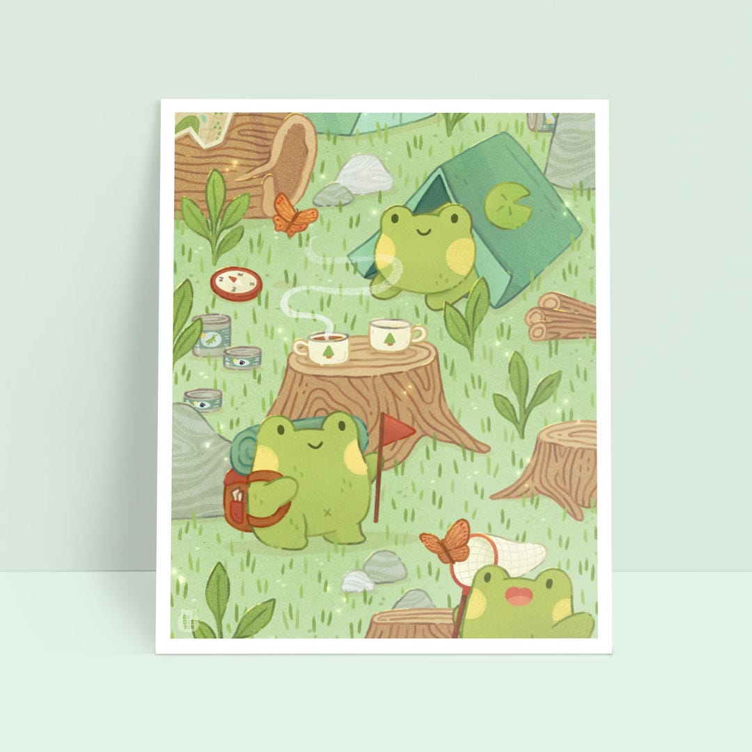 Camping Frogs - Cute Frogs on a Camping Trip - Kawaii Summer 8x10 Art ...