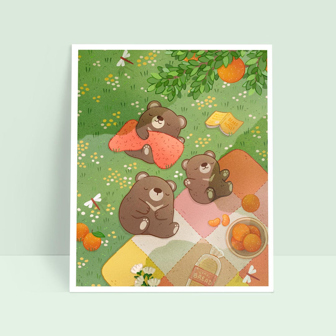 Bear Picnic - Cute Bears Having a Summer Nap - Kawaii 8x10 Art Print - Etsy