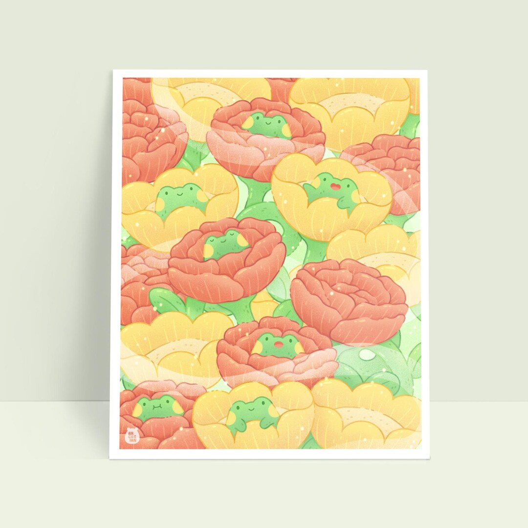 Blossoming Frogs - Cute Frogs Hiding in Flowers - Kawaii Summer 8x10 ...