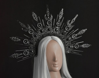 NIGHT QUEEN Black Glass Crystal Crown With Moons in Bronze or Silver ...