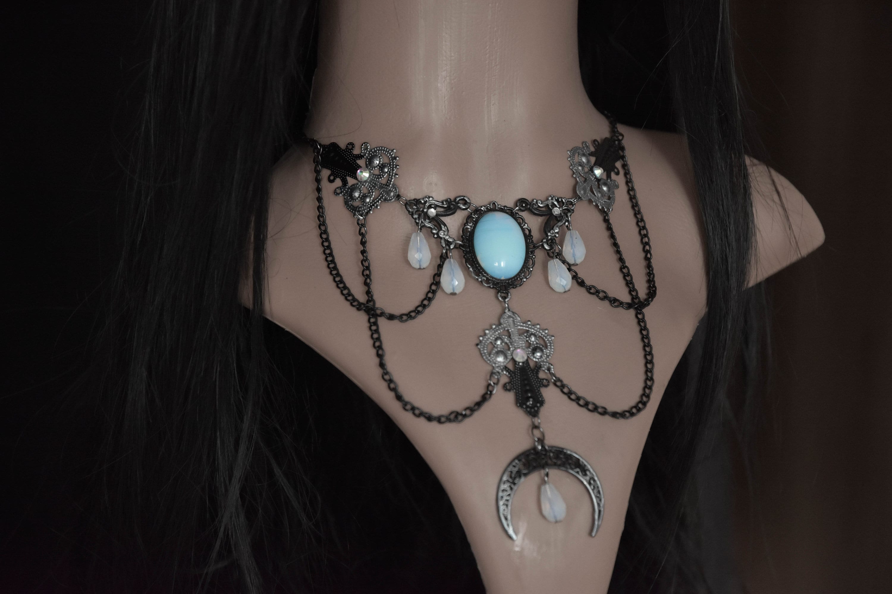 Moonstone Crystal Necklace Gothic Black Necklace Moon - Etsy