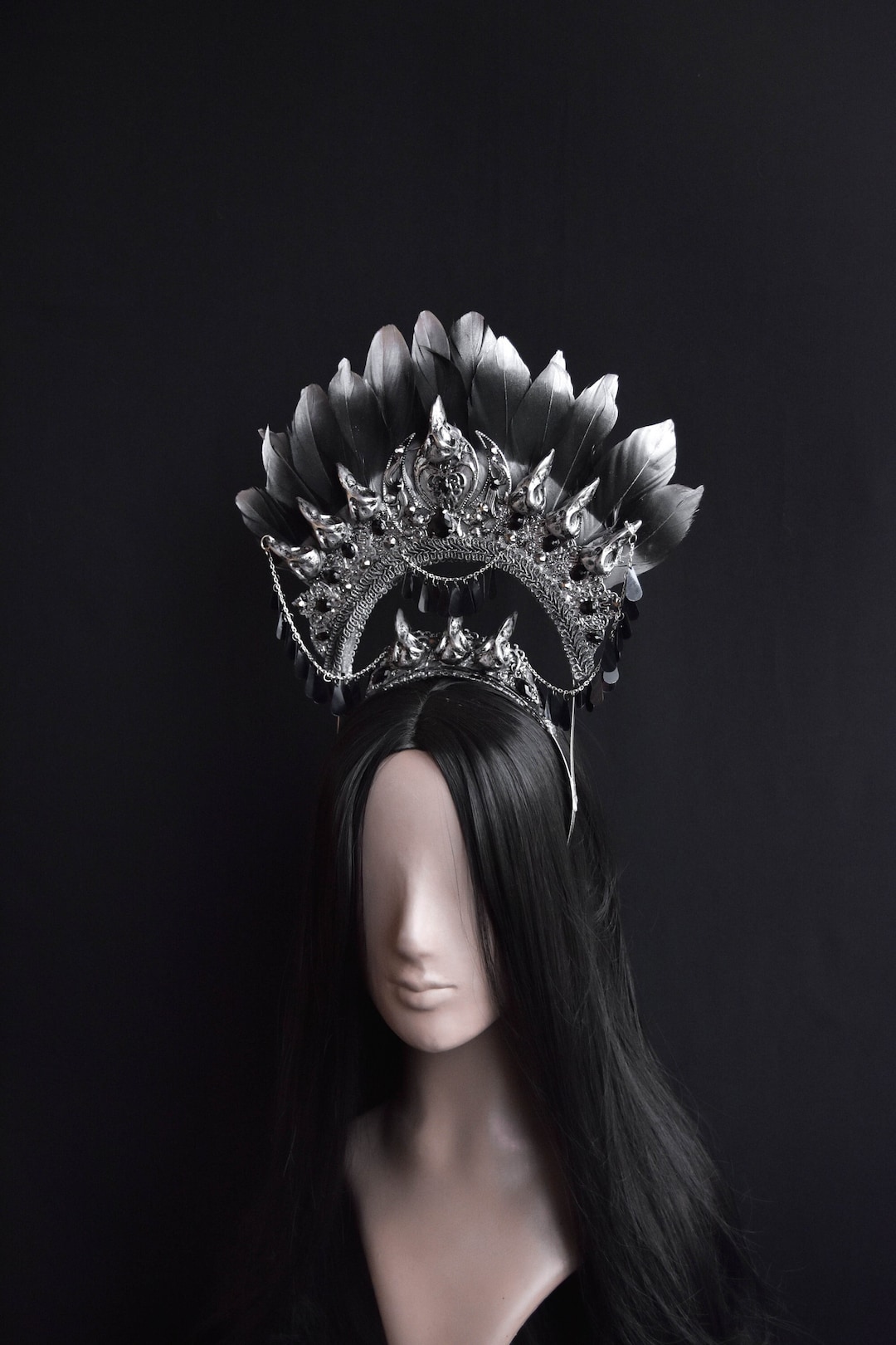 Raven Scull Crown, Black Feathers Headpiece, Gothic Cosplay Fantasy ...