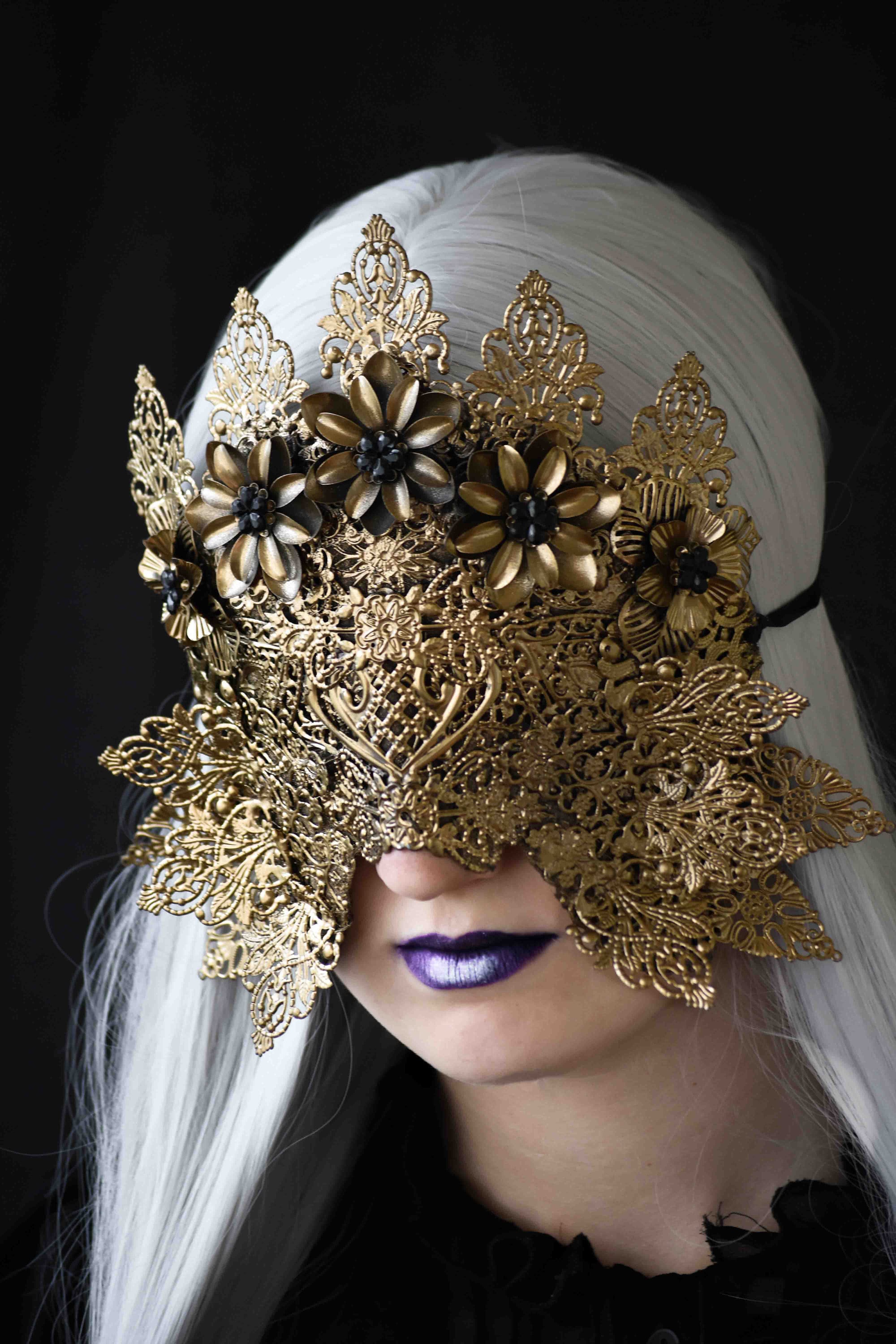 Golden Blind Mask Gothic Mask With Flowers Fantasy Mask - Etsy