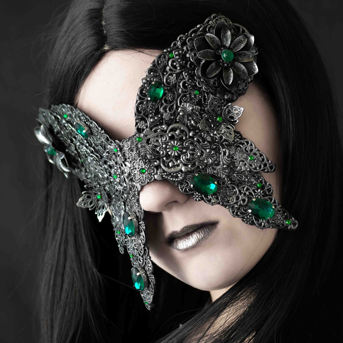 Gothic Blind Mask Black and Silver Blind Mask With Green | Etsy