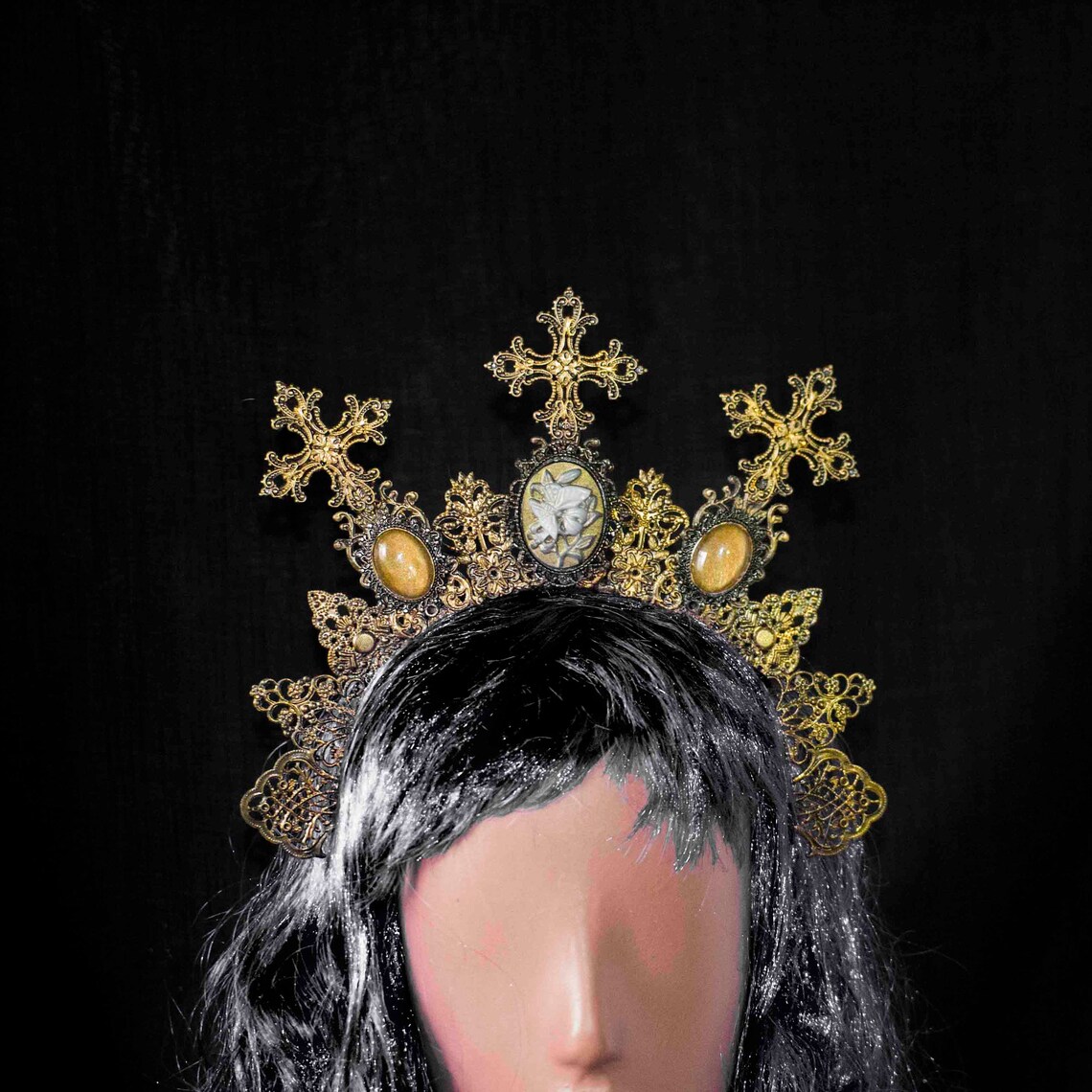 Gold Grown Gothic Headpiece Golden Headdress Festival Crown Cross ...