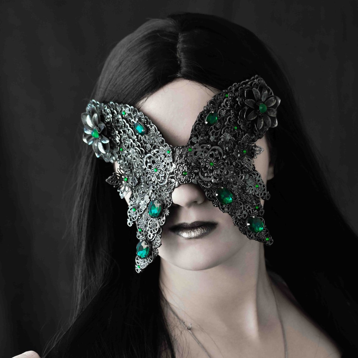 Gothic Blind Mask Black and Silver Blind Mask With Green | Etsy