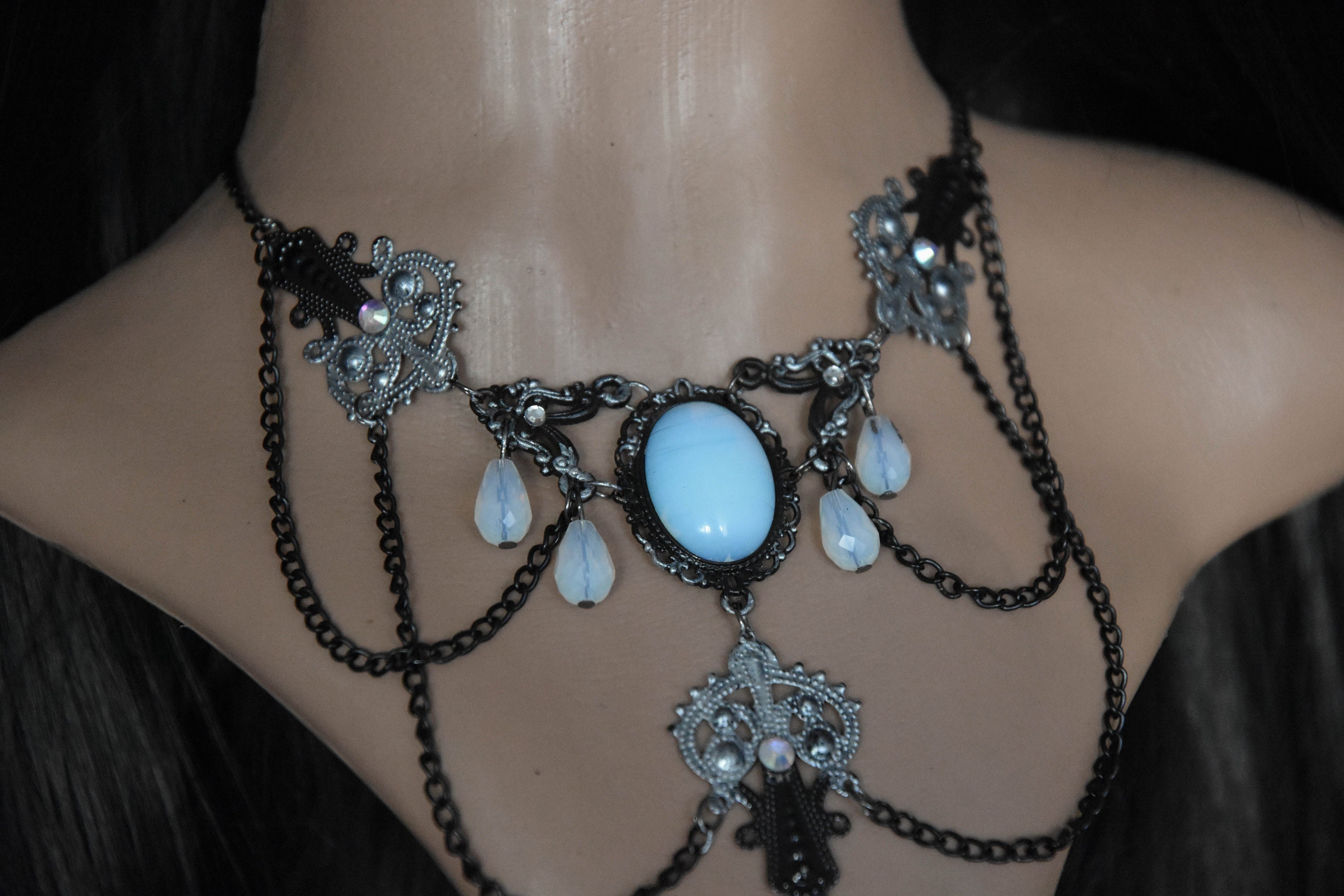 Moonstone Crystal Necklace Gothic Black Necklace Moon - Etsy