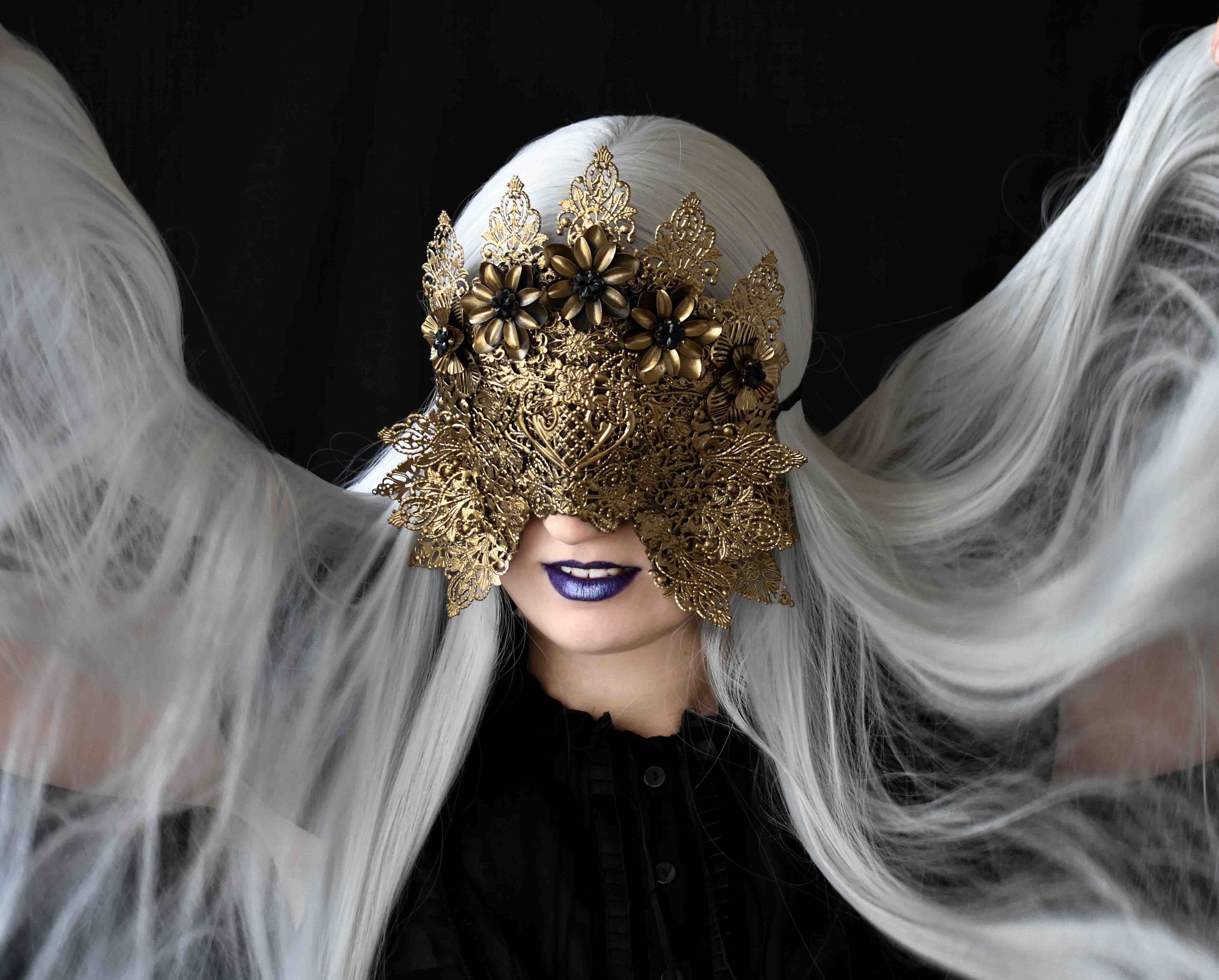Golden Blind Mask Gothic Mask With Flowers Fantasy Mask - Etsy
