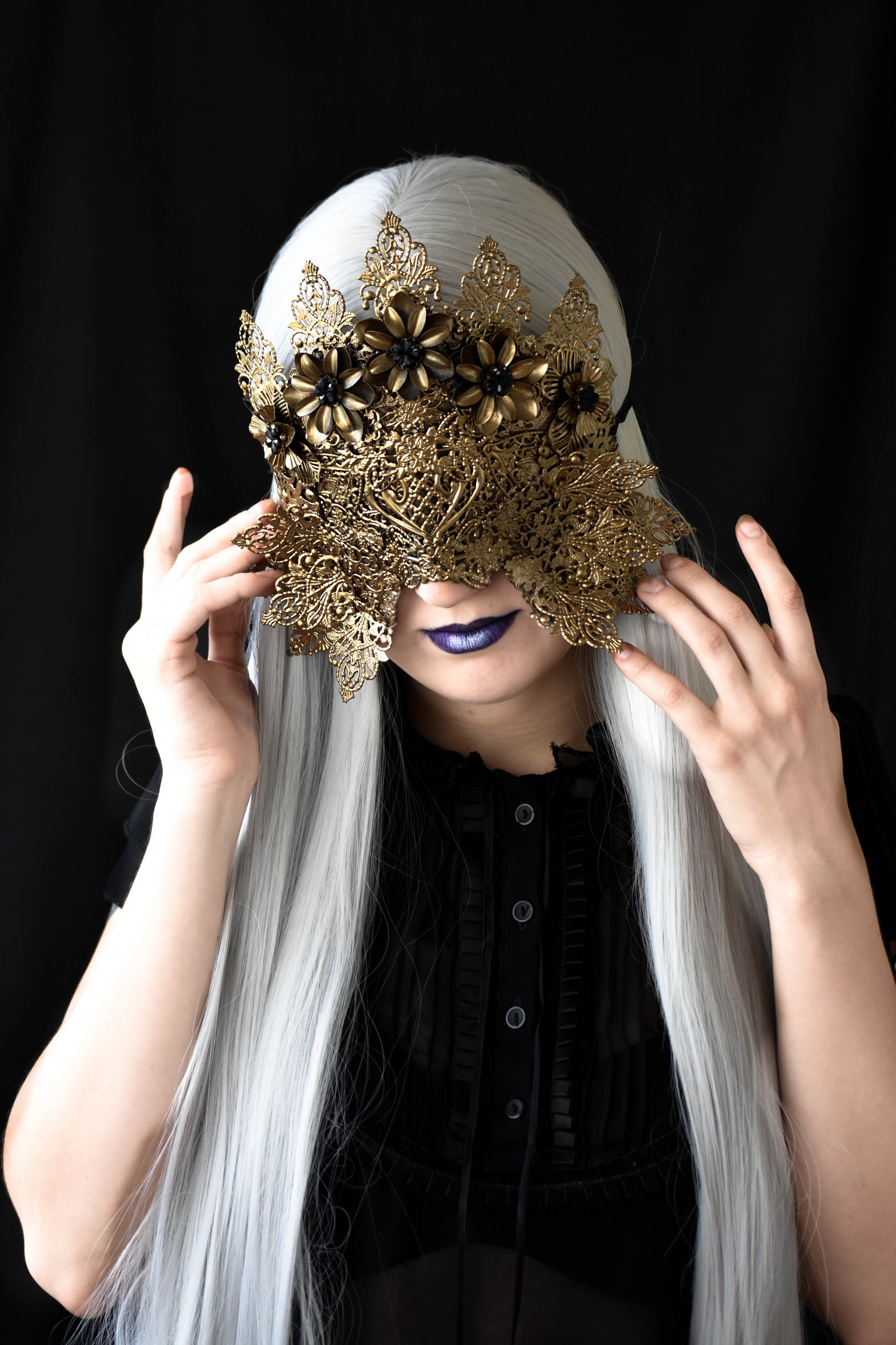 Golden Blind Mask Gothic Mask With Flowers Fantasy Mask - Etsy