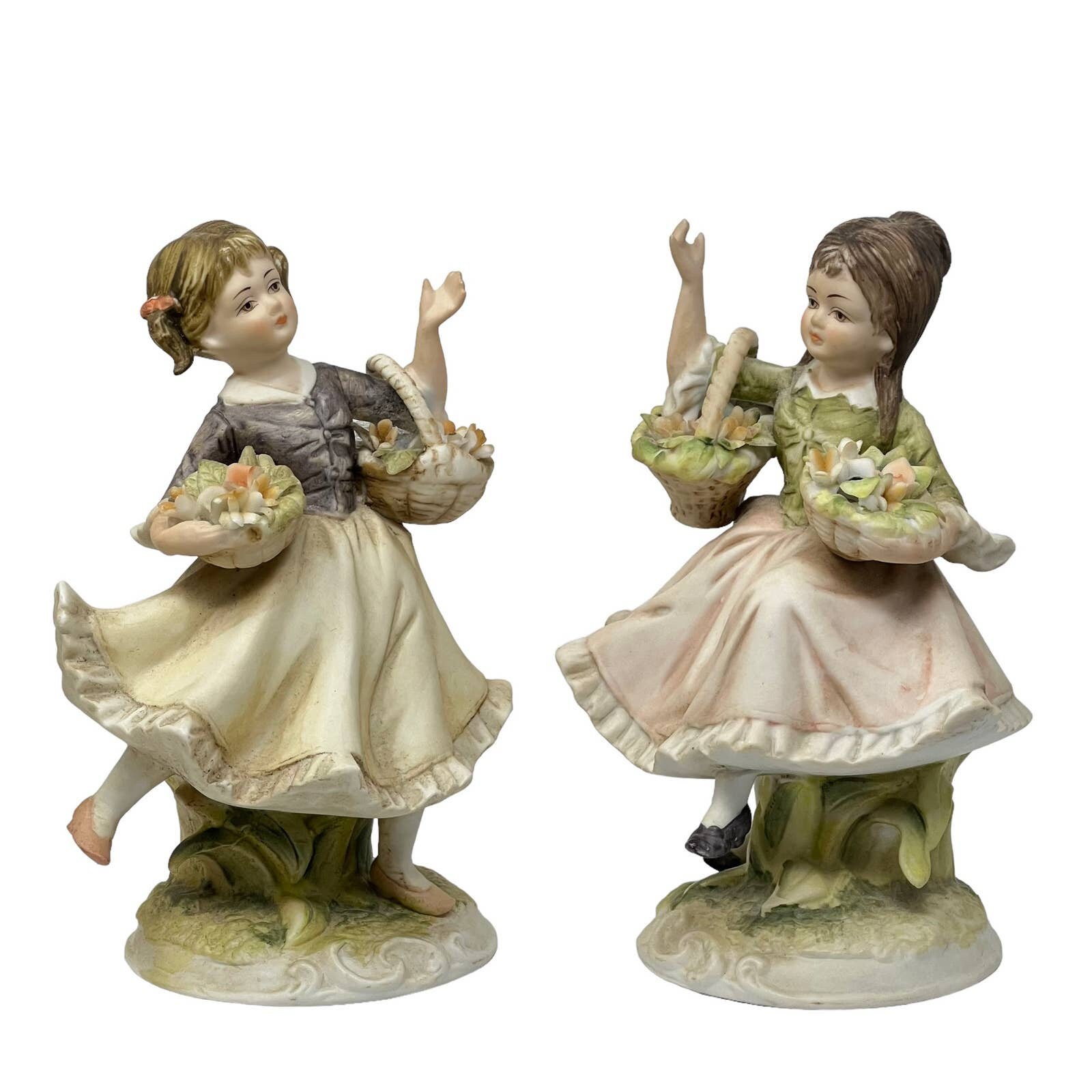 Vintage LEFTON Figurines 2 Girls Sitting on Tree Stumps Holding Flower ...