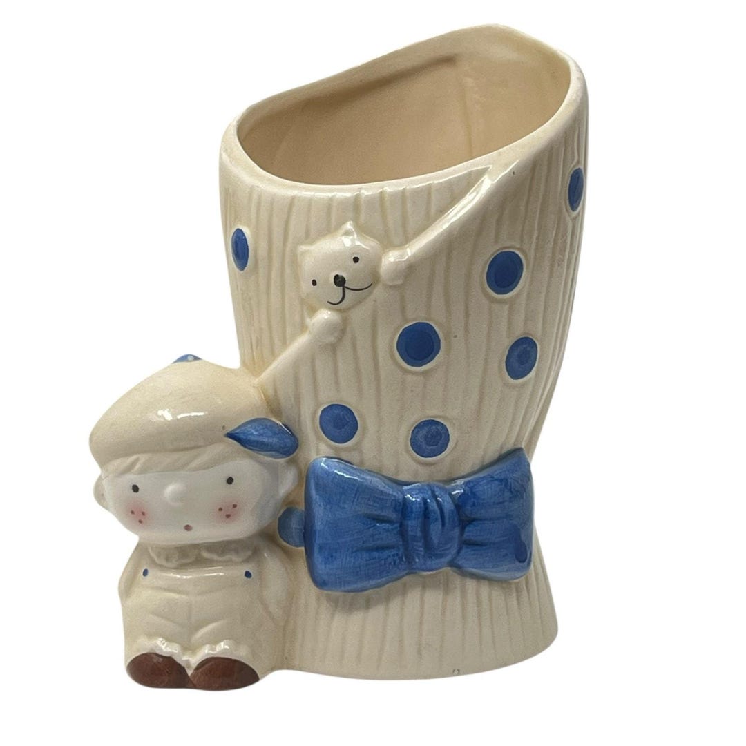 Vintage ARDCO Baby Planter White W/ Blue Polka Dots & Bow Boy Figure ...