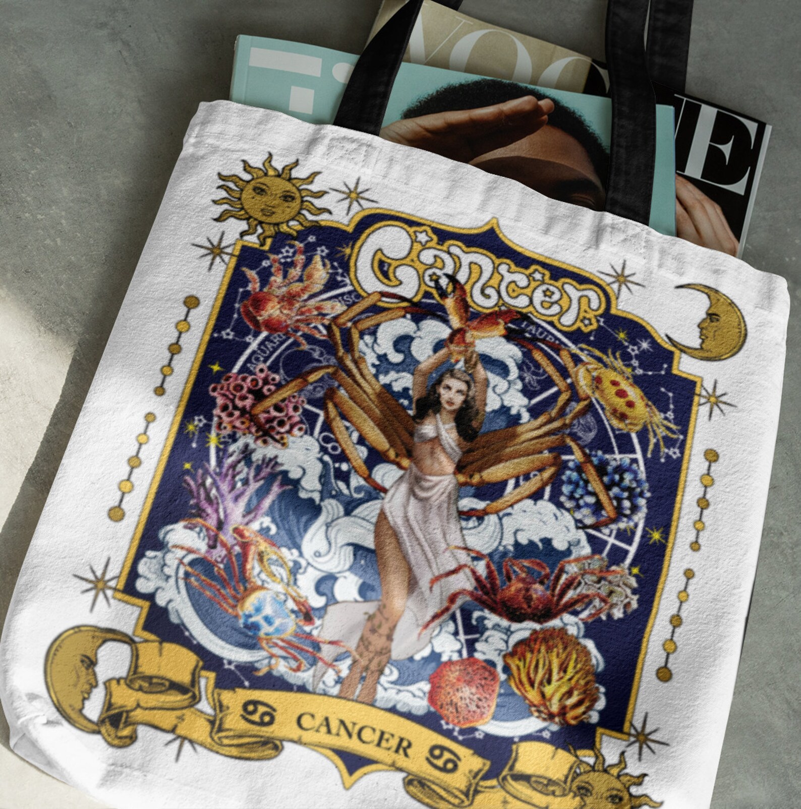 Cancer Zodiac Tote, Birthday Graphic, Bday Sea Crab Print, Tarot Star ...